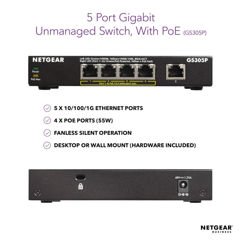 NETGEAR 5-Port Gigabit Ethernet Unmanaged PoE Switch (GS305P) - SuperTstore