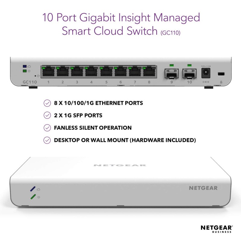NETGEAR 8-Port Gigabit Ethernet App Managed Smart Cloud Switch (GC110 ...