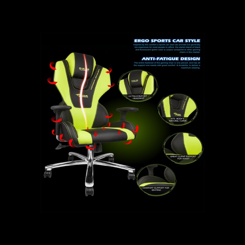 E-BLUE Mazer Type-Z Gaming Chair EEC304GRAA-IA, Black-Green, Steel Base ...