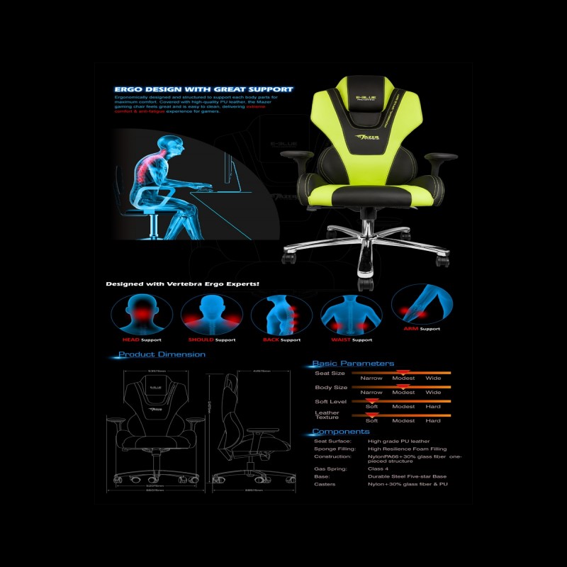 E-BLUE Mazer Type-Z Gaming Chair EEC304GRAA-IA, Black-Green, Steel Base ...